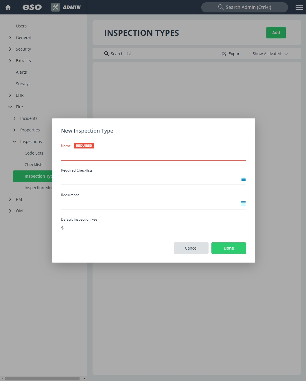 Define inspection types for the Inspections module